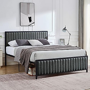 VECELO Queen Bed Frame with Upholstered Tufted Headboard & Footboard, Heavy Duty Steel Slats Platform, No Box Spring Needed, Grey