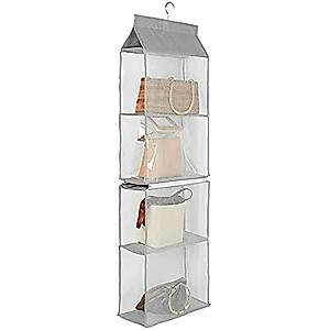 Detachable 4 Compartment Organizer Pouch Hanging Handbag Organizer Clear Purse Bag Collection Storage Holder Wardrobe Closet Space Saving Organizer (Gray)