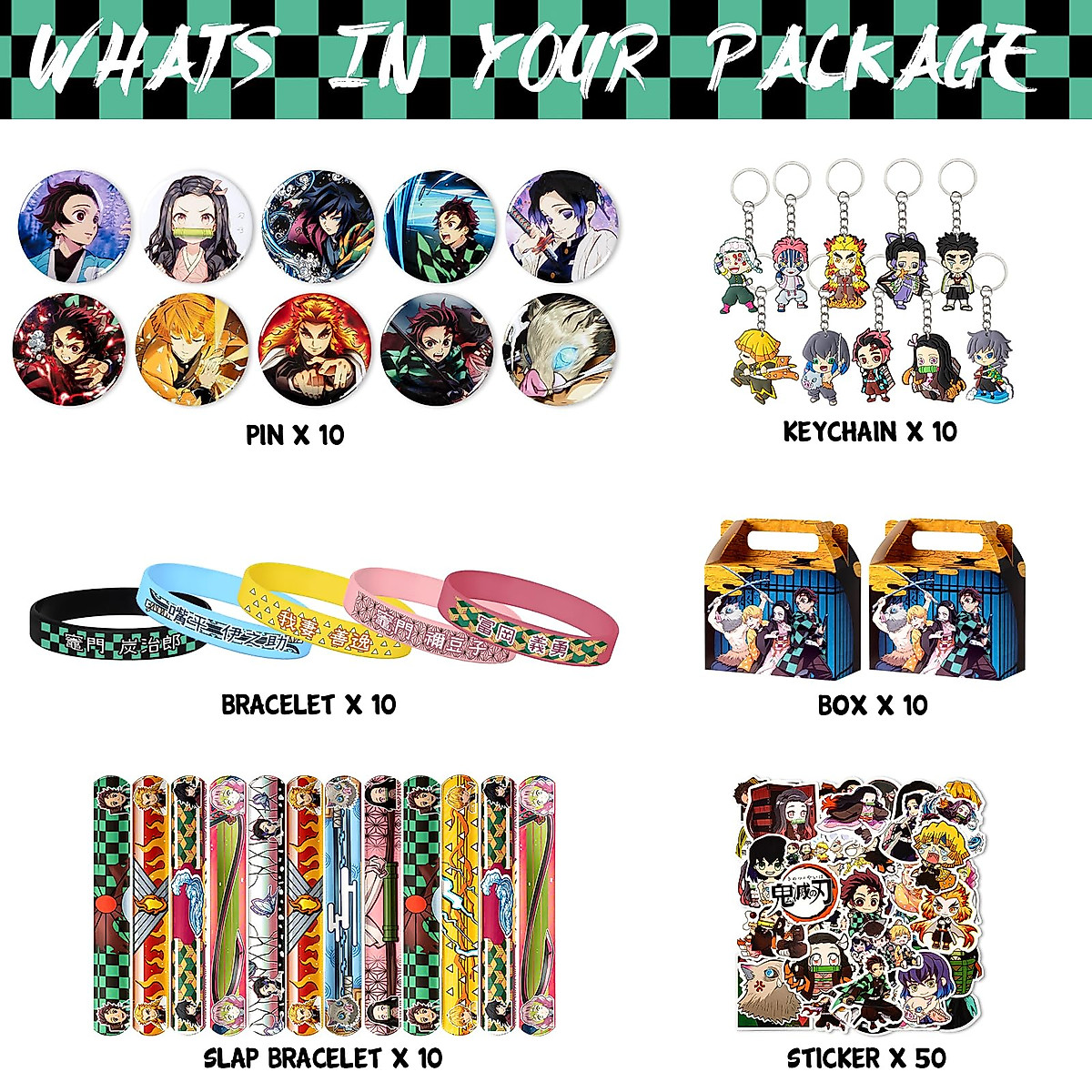 Birthday Party Supplies, 100Pcs Party Favors, Include 10 Gift Case,10 Bracelets,10 Button Pins, 10 Silicone Wristband, 10 Key Chains and 50 Stickers for Kids Anime Themed Party