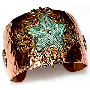 Elaine Coyne Collectible Artwear Forged Copper and Patina Brass Neo-Oceania Starfish on Filigree with Scallop Shells Dynamic Cuff