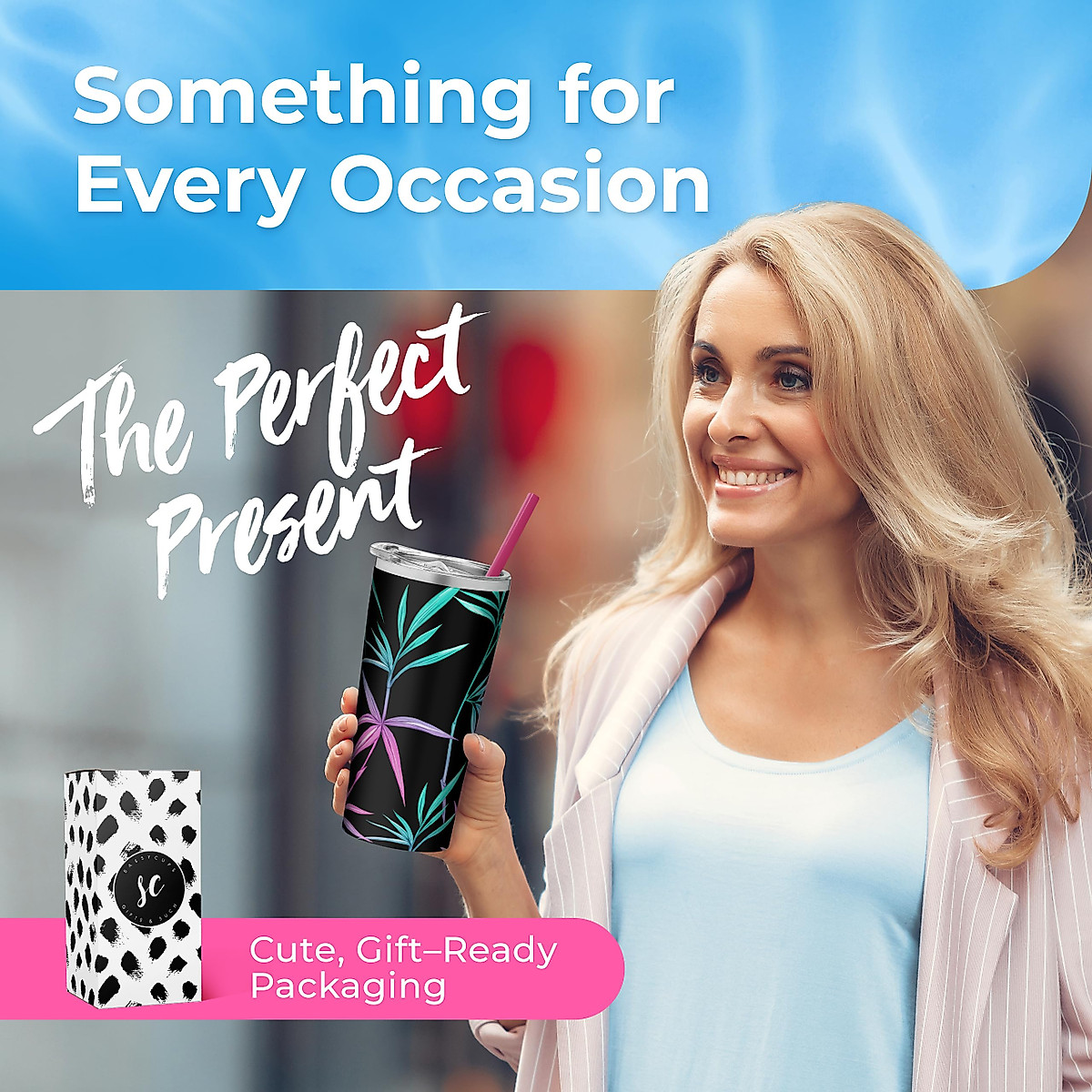 SassyCups Tropical Print Vacuum Insulated Stainless Steel Skinny Tumbler with Straw - Travel Gift, Christmas Gift, Tropical Palm Tree Themed Water Bottle, Travel Mug - Gift for Vacation, Adventure