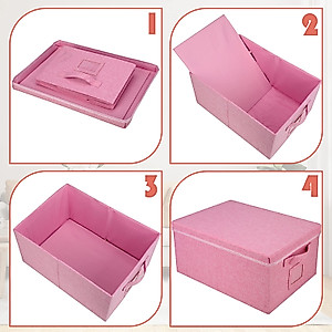 Graciadeco 22.8qt Closet Storage Boxes with Lids Pink Folding Keepsake Storage Bins Stackable Flat Lidded Carboard Storage Contaner for Clothes Barbie Shoes, 2 Pack