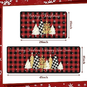 Bencailor 2 Pcs Christmas Kitchen Rugs and Mats Set of 2 Red Black Buffalo Plaid Merry Christmas Xmas Trees Floor Mat Non Slip Checkered Doormat Home Holiday Kitchen Decor, 17 x 30 Inch, 17 x 47 Inch