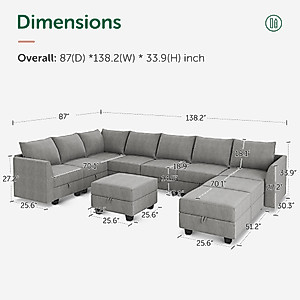 HONBAY Modular Sectional Sofa U-Shaped Sectional Couch with Storage Seats, Convertible Sectional Couch Modular Sofa, Grey