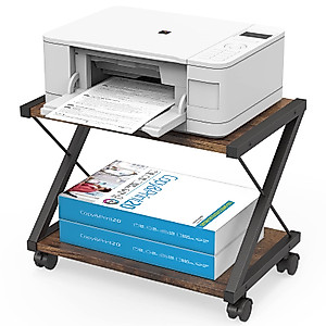 MaxGear Under Desk Printer Stand, 2 Tier Printer Rolling Cart with 4 Wheels, Wood Desktop Printer Table with Anti-Skid Pads, Home Printer Shelf for Office Fax Machine, Scanner, Books, Rustic Brown