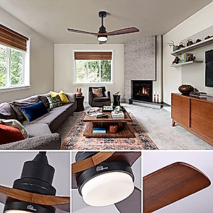 Sofucor 52'' Wood Ceiling Fan With Lights Remote Control 3 Wood Fan Blade Ceiling Fans Noiseless Motor Solid Walnut and Matte Black