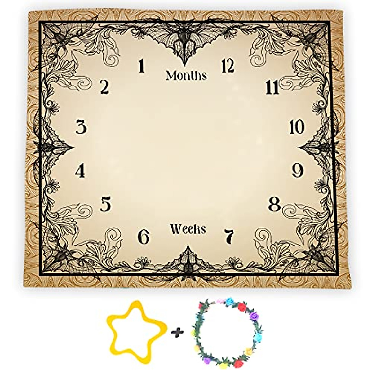 Bats Baby Monthly Milestone Blanket, 48x40in Soft Flannel, Gothic Style Backgrounds, Newborn Mom Gifts, Baby Shower Age Growth Tracker with Bonus Makers BTWYFS117
