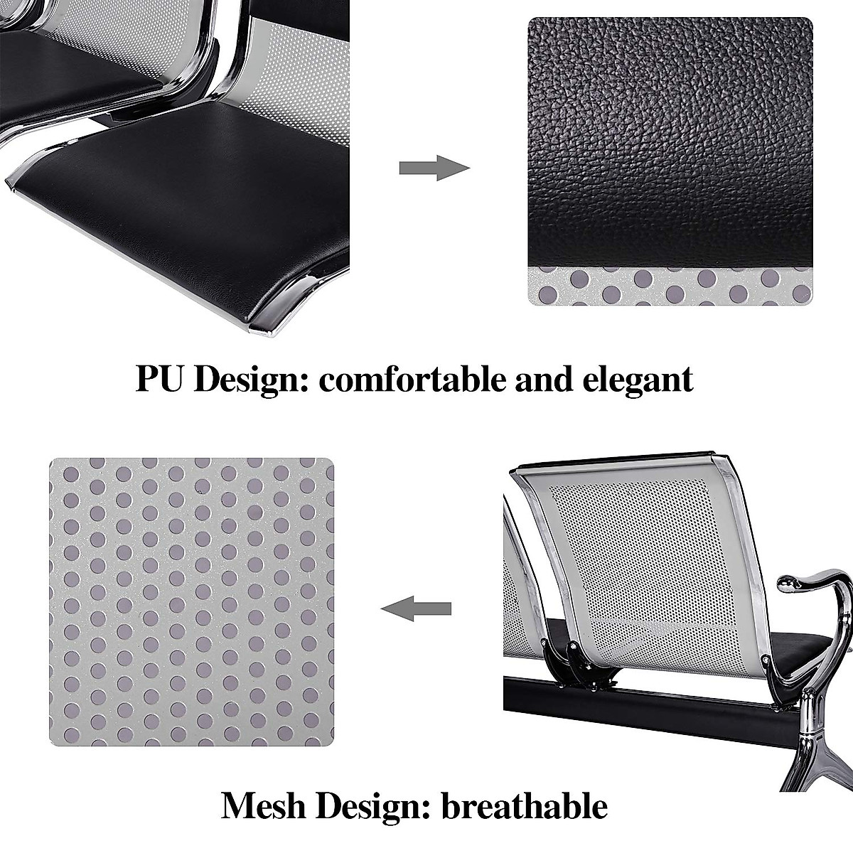 KINTNESS Guest Reception Chairs for Airport Waiting Room Office Chairs Salon Barber Bank Hall Room Conference Airport with Black Leather Cushion 3 Seat Bench Furniture …