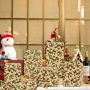 Whaline 100 Sheets Christmas Tissue Paper Xmas Holy Leaves Red Berries Printed Gift Wrapping Paper Rustic Kraft Art Tissue Paper for Christmas DIY Crafts Gift Bags Winter Party Decor, 13.8 x 19.7"