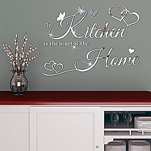 3D Acrylic Mirror Wall Decals Kitchen Butterfly Mirror Stickers Home Letters Decor Heart Quotes Wall Stickers Removable Wall Decals Motivational Wall Decoration for Kitchen Home Dorm (Silver)