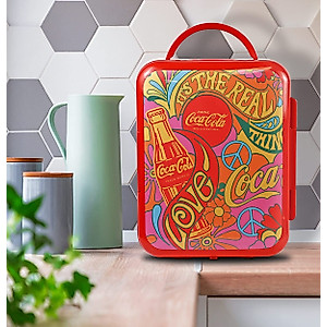 Coca-Cola Peace 1971 Series Portable 6 Can Thermoelectric Mini Fridge Cooler/Warmer, 4 L/4.2 Quarts Capacity, 12V DC/110V AC for home, dorm, car, beverages, skincare, cosmetics, medication