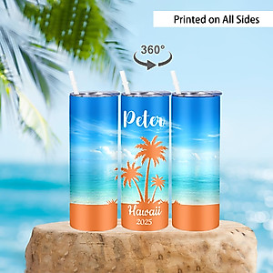 Personalized Tumbler with Name, Custom Beach Vacation Tumblers for Family Friends, Girls Weekend Gifts, 2025 Girls Trip Skinny Tumbler with Lid and Straw, Cruise Trip Gifts, Family Vacation Cups