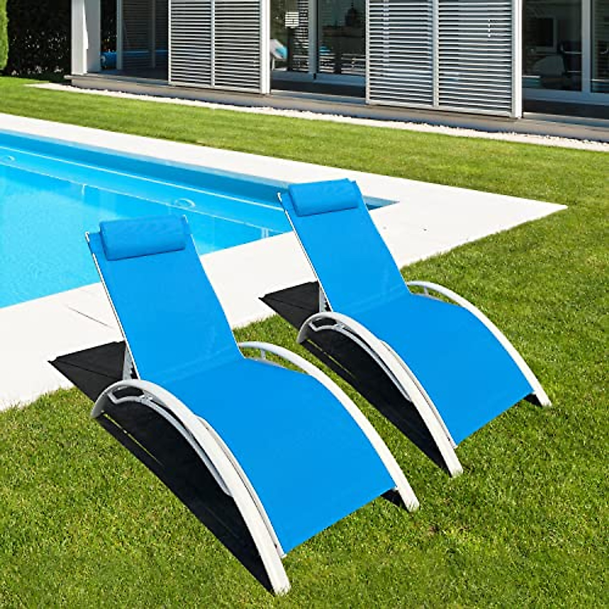 Patio Lounge Chairs Set Outdoor Chaise Lounge Recliner,Tanning Chairs for Outside,Adjustable Chaise Lounge with 2 Pillows for Beach Pool Poolside Yard,2 Pcs,Blue