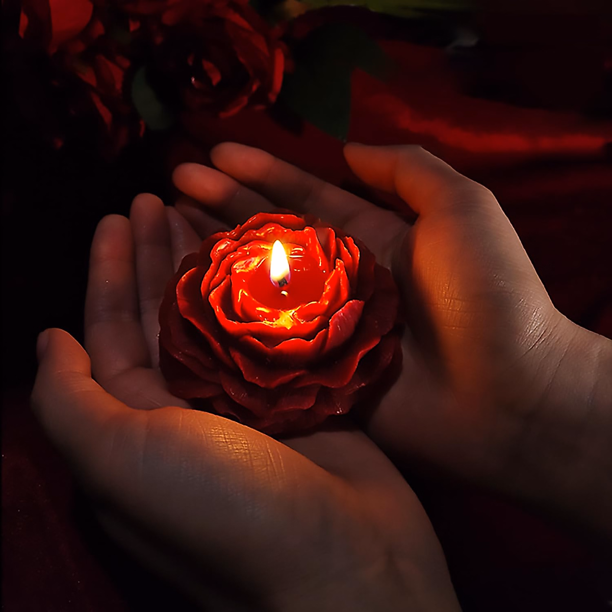 Red Rose Flower Scented Candle Set of 5, 2 Rose Shapes + 3 Long Low Temperature Candles, Romantic Ambiance Wax Play Candles for Date Night Romantic Wax Play Couple Wedding Anniversary Candles