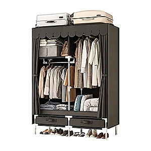 LEAIJIAFY Small Portable Cloth Wardrobe Closet for Hanging Clothes with 2 Drawers,Brown Armoire with 2 Hanging Rods,Clothes Rack Storage Organizer with Non Woven Fabric Cover,for Bedroom