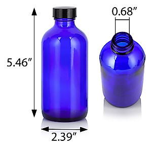 JUVITUS 8 oz Cobalt Blue Glass Boston Round Bottle with Black Phenolic Cone Lined Caps (4 Pack)