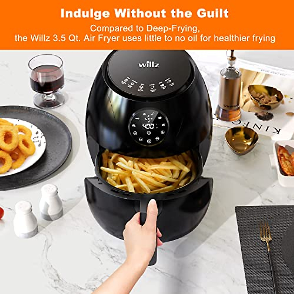 Willz Digital Air Fryer with 6 Pre-Set Cooking Programs & Precise Temperature Control, Non-Stick Basket and Dishwasher-Safe, 60 Minutes Timer, 3.5 Qt, Black