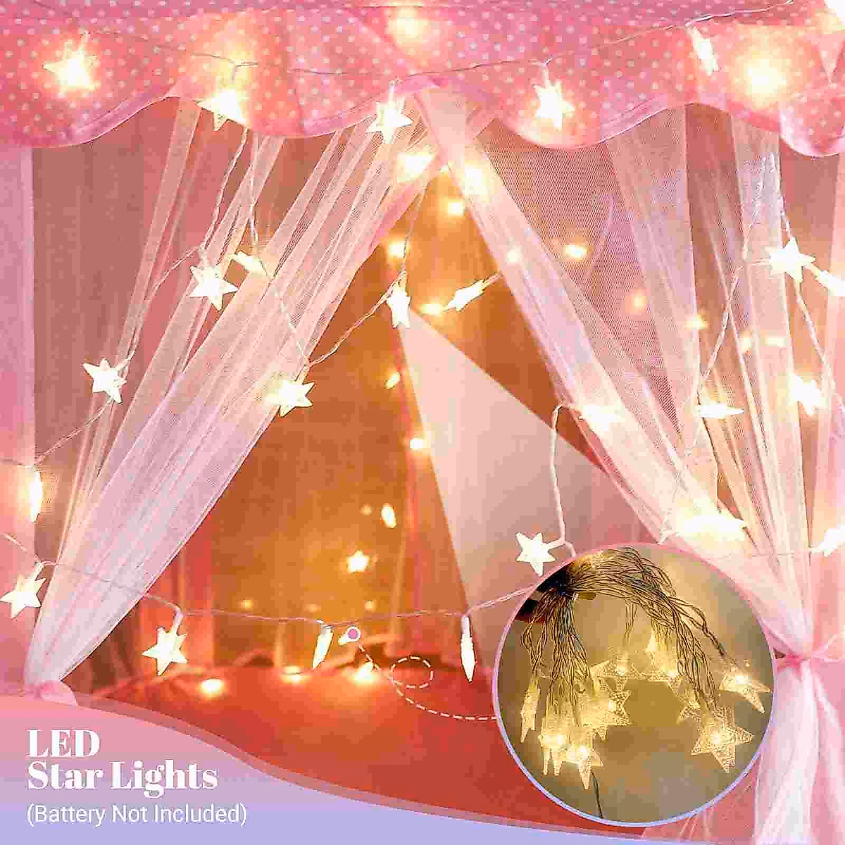 Princess Tent, Play Tent with LED Star Lights, Girls Castle Play Tent, Hexagon Playhouse with Star Lights, Portable Pink Castle for Home, Backyard, Park, Party, Indoor or Outdoor Games (Pink)
