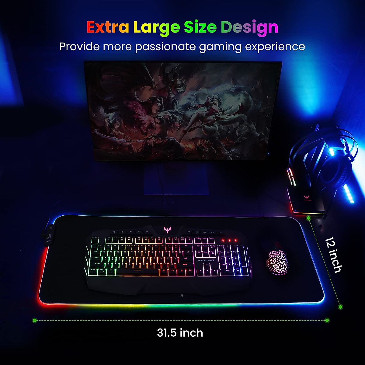 Blade Hawks Extra Large RGB Gaming Mouse Pad, Extended Soft LED Mouse Pad, Anti-Slip Rubber Base, Computer Keyboard Mousepad Mat (31.5 x 12 Inch)