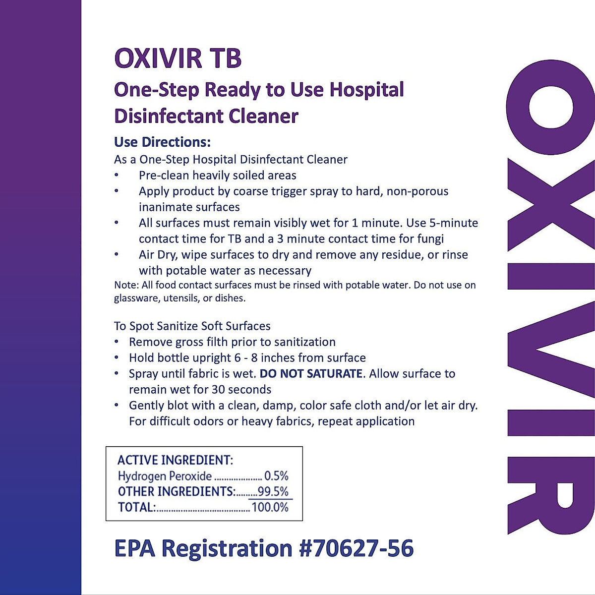 Oxivir Diversey 100898636 Tb One-Step Disinfectant Cleaner, Hospital Grade Accelerated Hydrogen Peroxide AHP, No Fragrance Added, Ready-to-Use Liquid, 1-Gallon (Pack of 4)