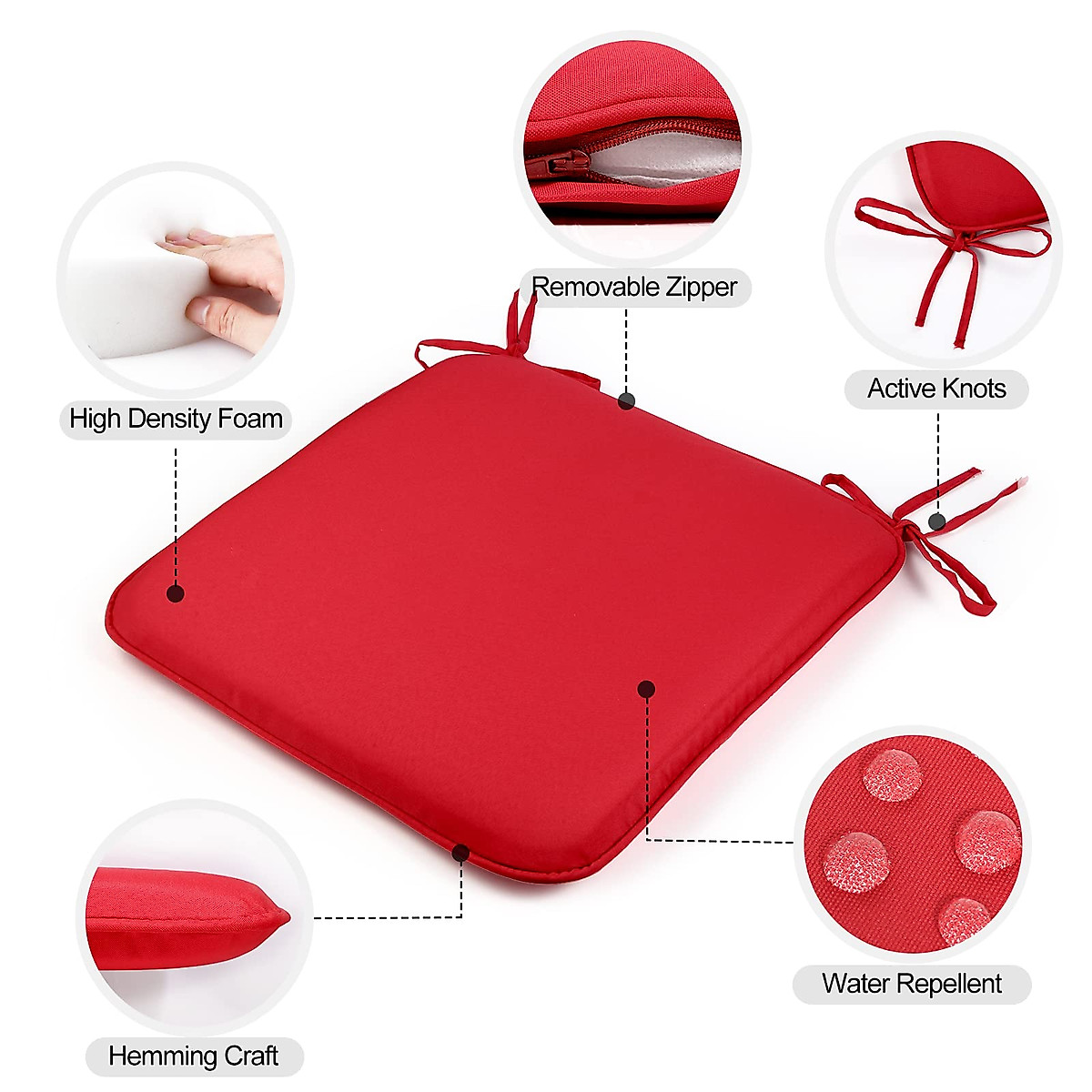 GUEGLSA Outdoor Indoor Waterproof Seat Cushions,16x16 Inches Patio Chair Cushion with Ties,Machine Washable Seat Pad for Home Garden Kitchen Dining Office Chair,Set of 2, Red