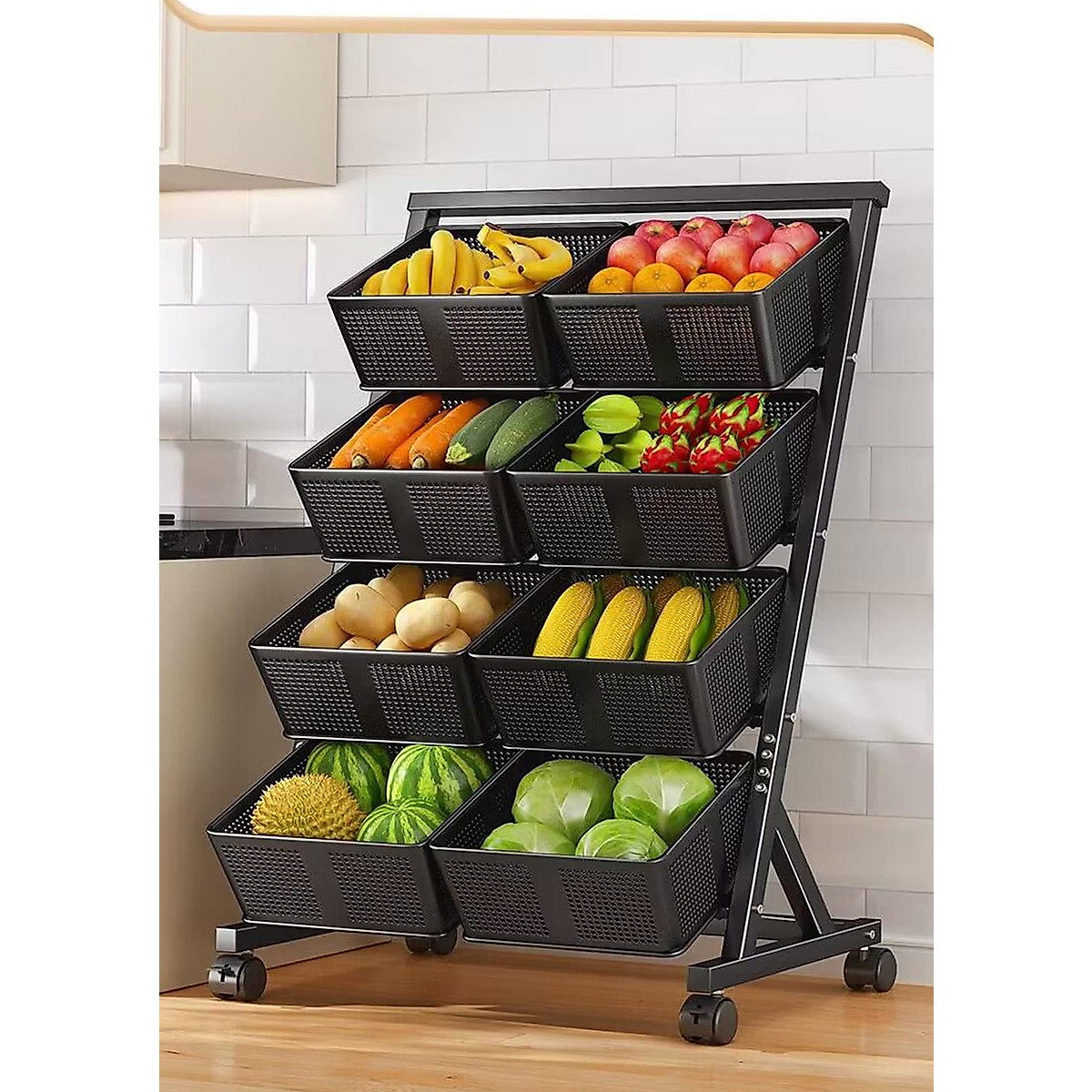 asunflower Kitchen Baskets Storage Cart 4 Tier Rolling Cart with Wheels Metal Fruit Baskets Rack Utility Organzier Cart with Push Handle Wire Fruit Vegetable Stand, Black