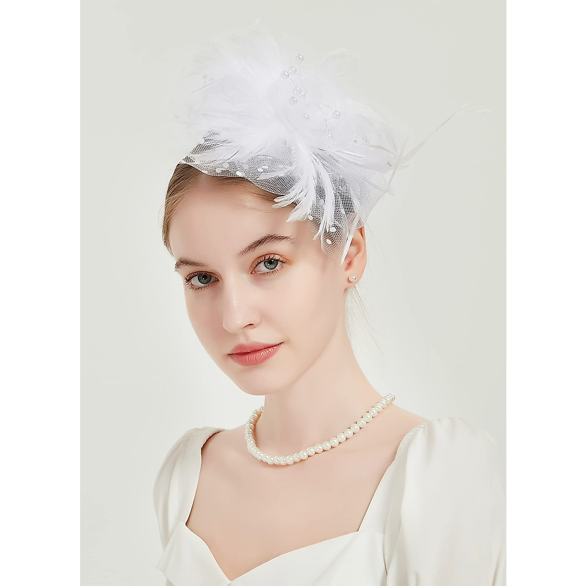Fascinators for Women Tea Party Headband Kentucky Derby Hats Cocktail Flower Mesh Feathers Headwear Hair Clip for Wedding White