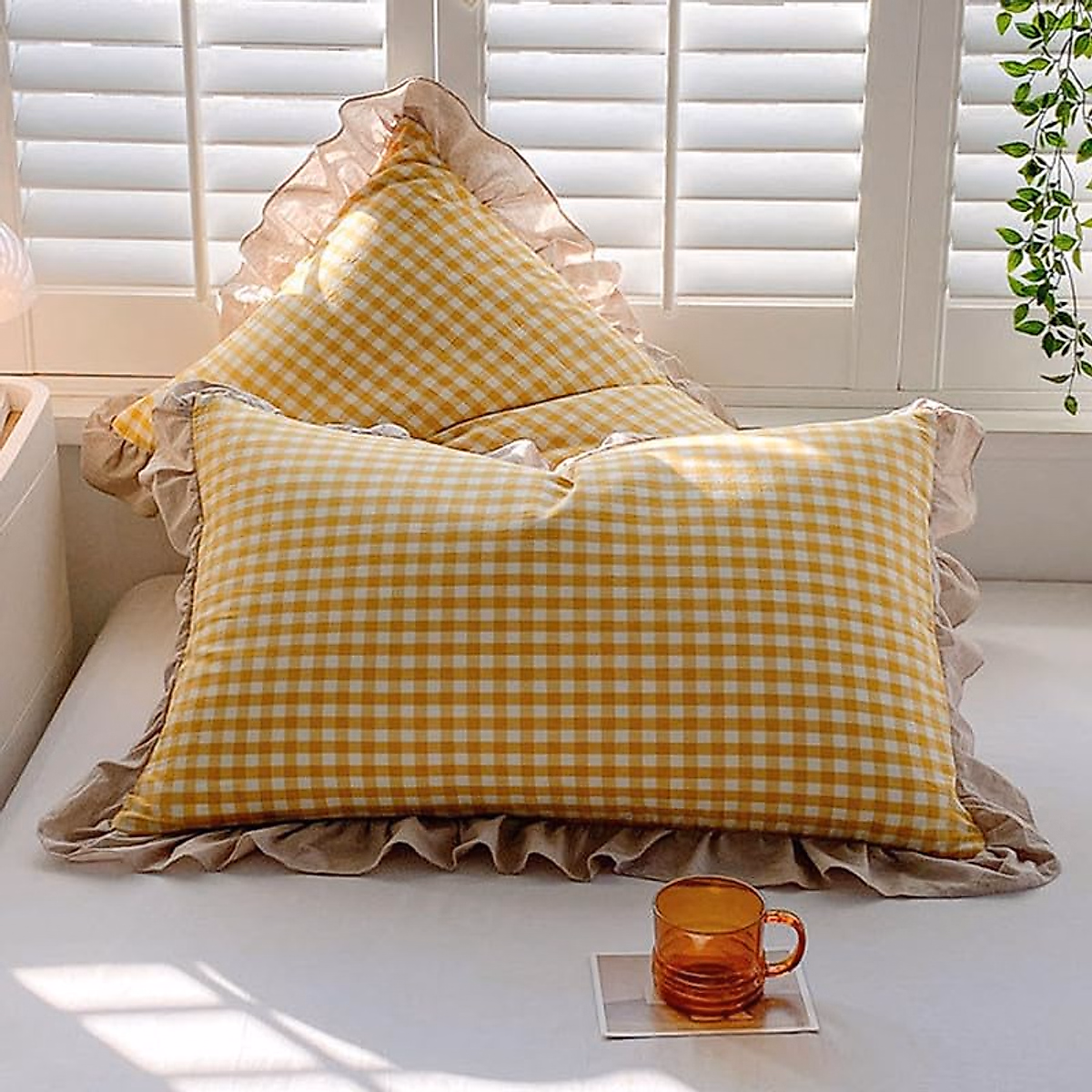 JadeRich Ruffled Pillow Shams Set of 2 Soft Breathable Washed Cotton Zipper Closure Pillowcases Bed Throw Pillow Covers