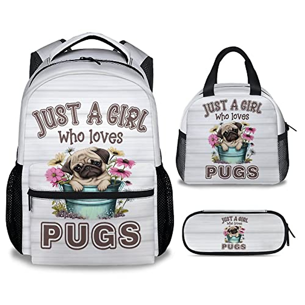 COOPASIA Cute Pug Backpack with Lunch Box and Pencil Case, 16 Inch Dog Theme Bookbag with Adjustable Straps, Durable, Lightweight, Large Capacity, School Backpack for Kids Girls Boys