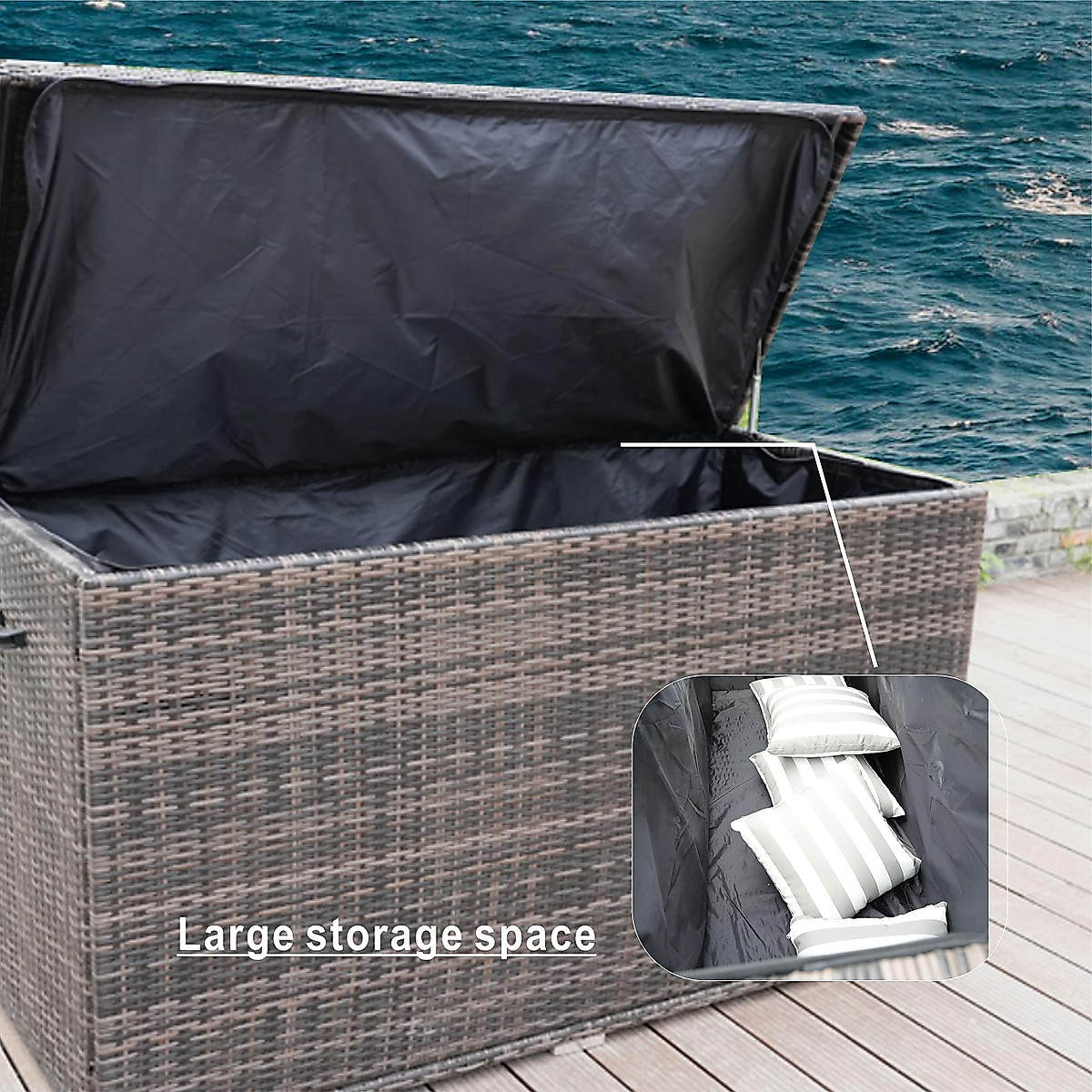 Direct Wicker Large Deck Box 296 Gallon Waterproof Outdoor Storage Box,Cushion Storage Wicker Box Brown,(Aluminum frame) 66.93"