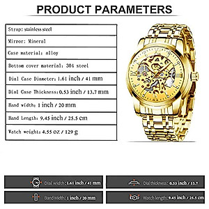 Mens Watches Gold Mechanical Automatic Self-Winding Stainless Steel Skeleton Luxury Waterproof Diamond Dial Wrist Watches for Men