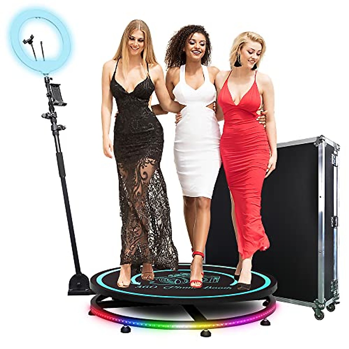 MWE 360 Photo Booth Machine with Software for Parties with Flight Case,Logo Customization,3-4 People Stand on APP Remote Control Automatic Slow Motion 360 Spin Camera Booth (31.5"+Flight Case)