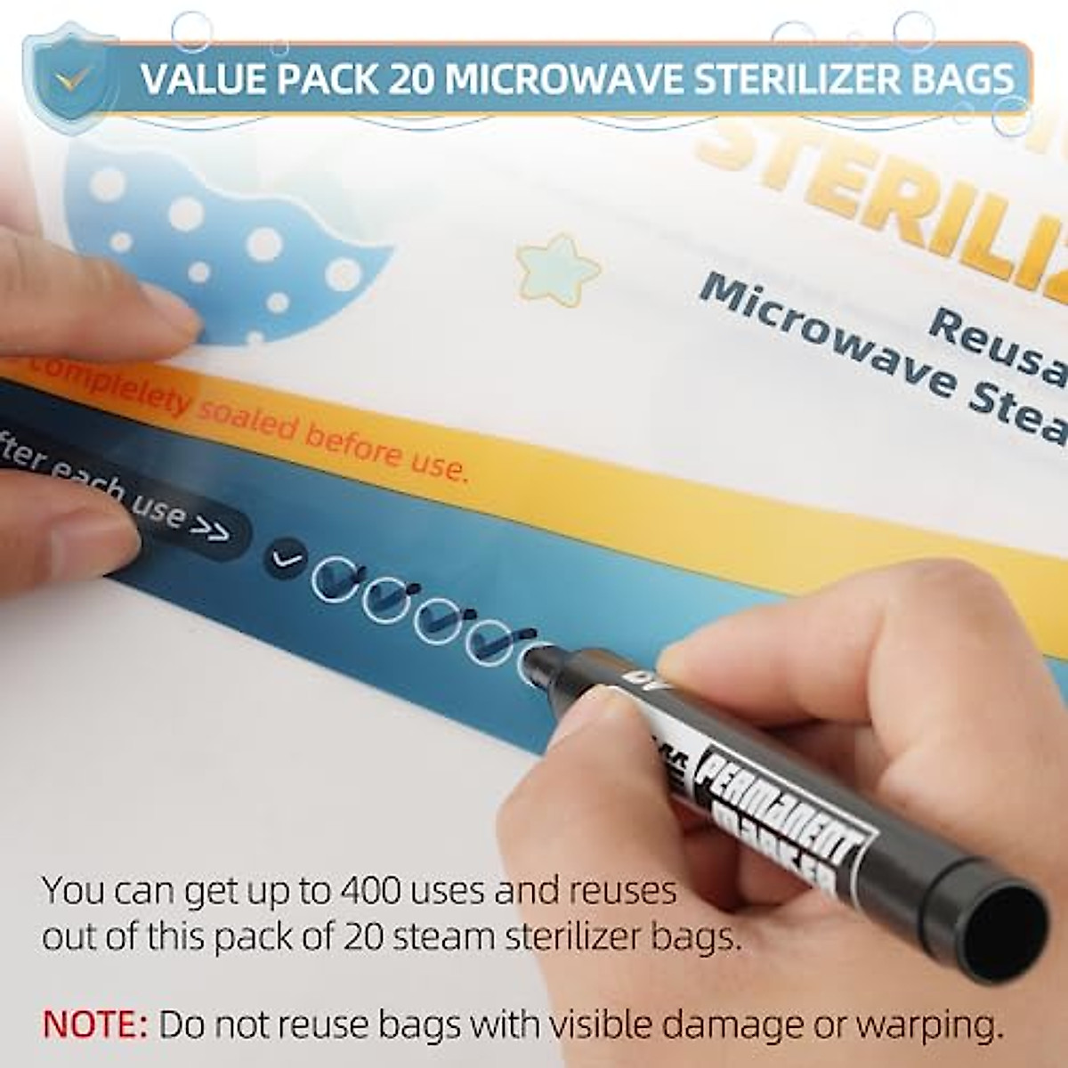 (20-Pack) Microwave Baby Bottle Sterilizer Bags - Reusable Up to 20 Times Teether, Soother, Breast Pump, and Baby Bottle Microwave Steam Cleaning Bags - Baby Bottle Cleaner Travel Accessory