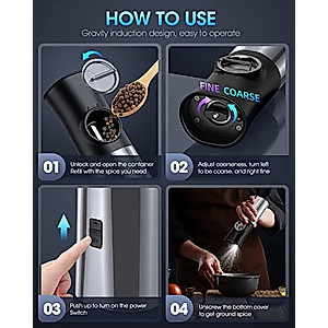 Gravity Electric Salt and Pepper Grinder Set - USB Rechargeable Automatic Pepper Mill Grinder - Generous Capacity - Adjustable Fineness - One Handed Operation, Stainless Steel Construction, LED Light