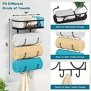 Tinpin Towel Rack with Wood Shelf, Towel Holder for Bathroom Wall with 3 Hooks, Bath Towel Storage, Bathroom Organizer Wall Decor for Small Bathroom/RV/Camper/Farmhouse-Black