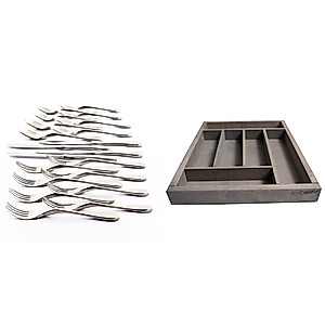 Knork Original Collection Cutlery Utensils 18/10 Stainless Steel Flatware Set, 20 Piece, Matte Silver & Storage Tray/Flatware Organizer, large, Weathered Gray