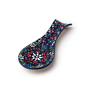 LEMOSE Hand Painted Turkish Ceramic Spoon Rest - Unique Embossed Design Craftsmanship Blue Spoon Holder - Decorative Colorful Spoon Rest - Kitchen Counter Utensils - Kitchen Decor and Accessories