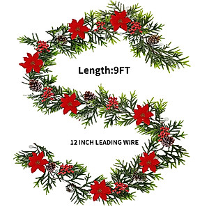 Juegoal Christmas Garland, 9 FT Pre-lit Artificial Xmas Flocked Garlands, Lighted Poinsettia Spruce Garland, Timer & Battery Operated with Lights, for Garden Home Winter New Year Decorations