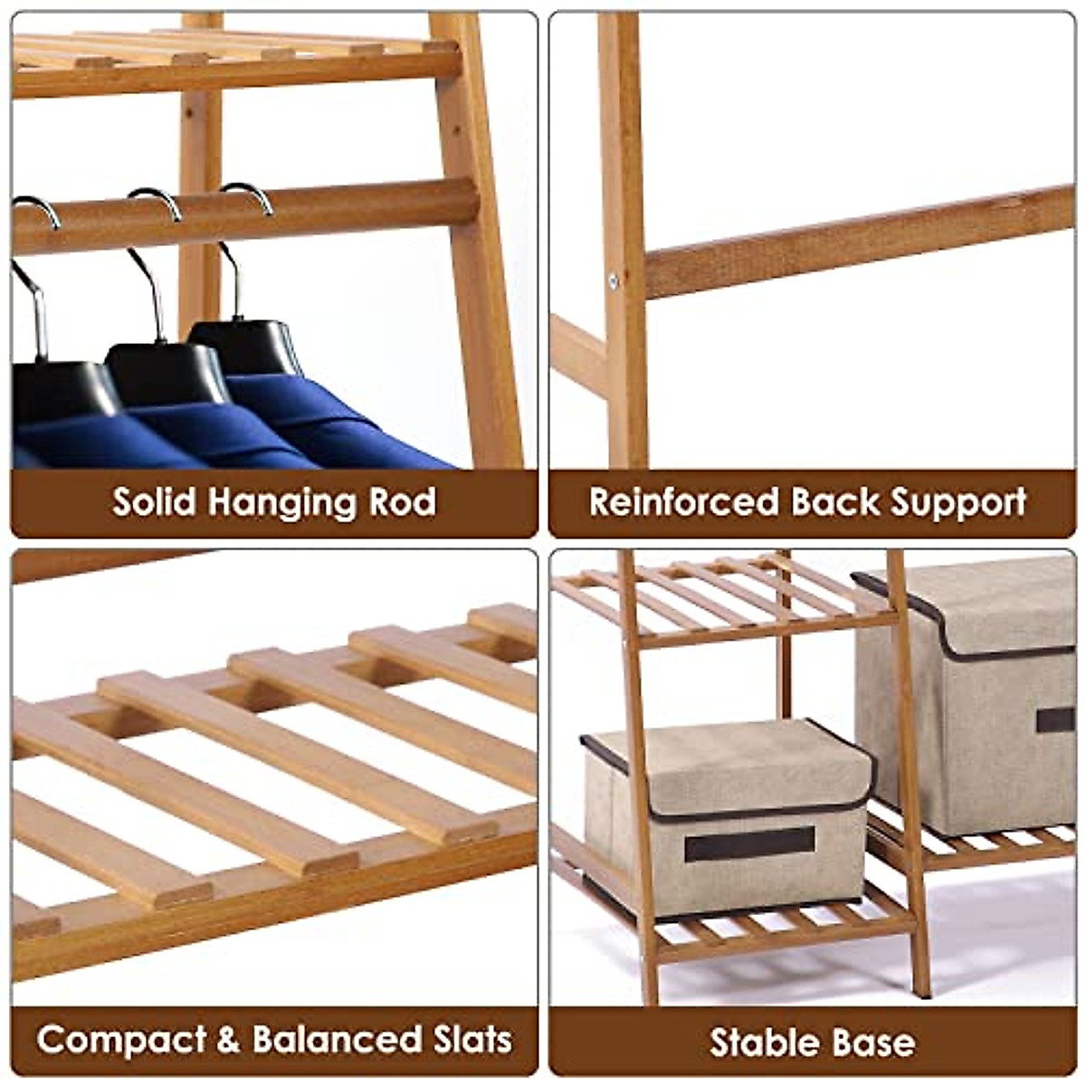 Bamboo Garment Rack with Shelves, Storage Box Set Included, Clothing Racks with Hooks, Clothes Rack Storage Organizer, Clothes Rack with Shelf, Space Saving Clothes Rack, Multifunctional Plant Rack