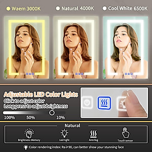 SIMEFUL Bathroom Medicine Cabinet with LED Mirror, 20"×28" Wall Mounted Mirror Cabinet with Adjustable Shelf, Anti-Fog, Memory Function, IP44 Waterproof, Dimmable 3 Colors