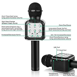 KIDWILL Wireless Bluetooth Karaoke Microphone for Kids, 5-in-1 Portable Handheld Karaoke Mic Speaker Player Recorder with LED Lights for Kids Girls Boys Teens Birthday (1818-Black)