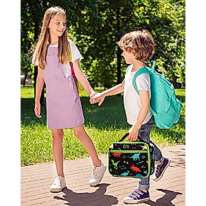 Bagseri Lunch Box, Kids Insulated Lunch Box for Boys, Portable Reusable Toddler Lunch Cooler Bag Thermal Organizer, Water-resistant Lining (Black, Dinosaur)