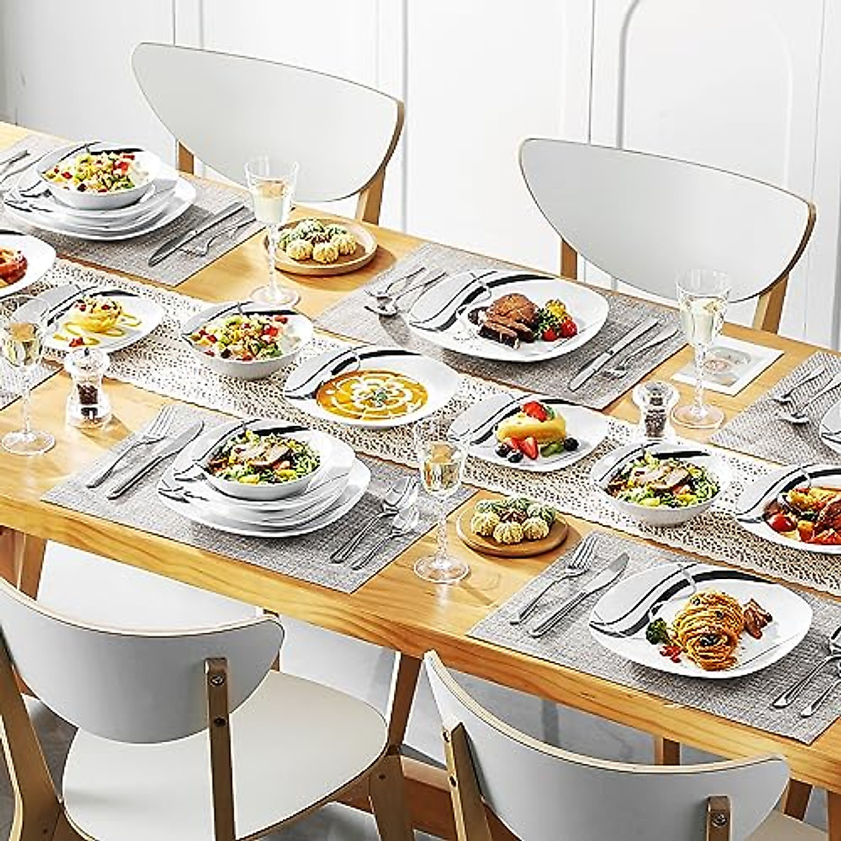 VEWEET, Series Fiona, 30-Piece Dinnerware Sets for 6, White Dishes Set with Black and Gray Stripes, Porcelain Dinner Set Including Dessert Plates, Soup Plates, Dinner Plates, Cups & Saucers
