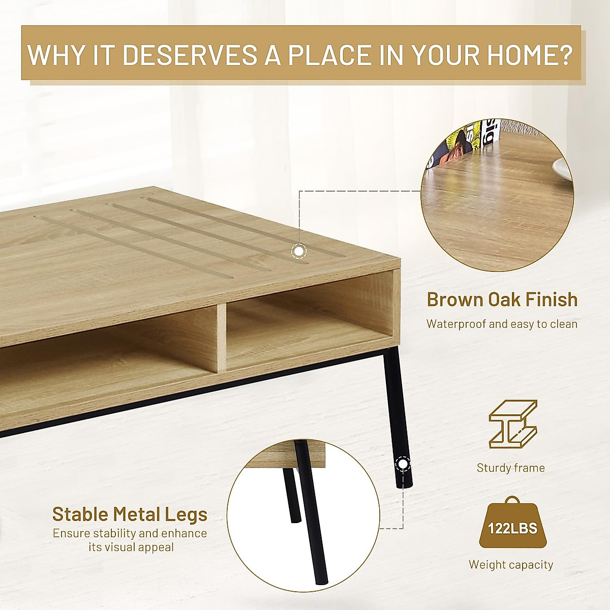 FurnitureR Modern Coffee Table with Open Storage Shelf, Rectangle Tabletop Wood Tea Cocktail Living Room Center Table, Oak