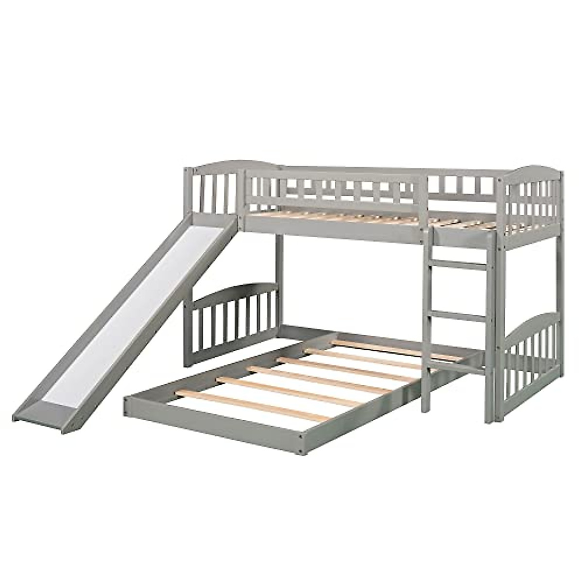 Tidyard Twin Over Twin Bunk Bed with Slide and Ladder, Wood Bed Gray for Bedroom Dorm Guest Room Home Furniture
