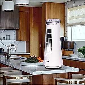 Optimus F-7345WH 12" Desktop Ultra Slim Oscillating Tower Fan, LED - White 12" Desktop Oscillating Tower Fan, White