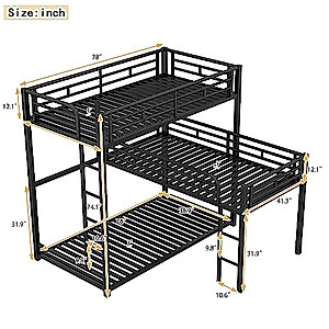 TARTOP Metal Triple Bunk Bed Twin Size, L-Shaped Metal Triple Bunk Bed Frame, 3 Beds Bunk Bed for Kids Teens Adults - Black