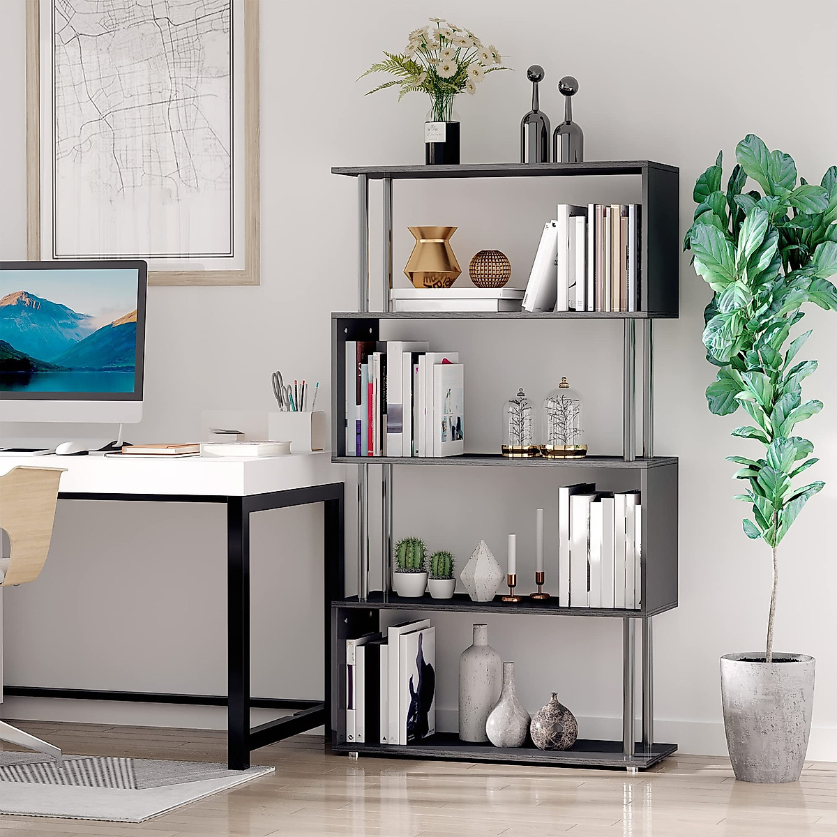 HOMCOM Modern S-Shaped 5 Tier Room Dividing Bookcase Wooden Storage Display Stand Shelf - Black