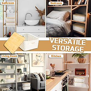 Barydat 4 Pack Plastic Storage Baskets with Bamboo Lid Pantry Organization Storage Containers Lidded Storage Bins Container for Shelves Drawers Desktop Closet Playroom Classroom Office (White)