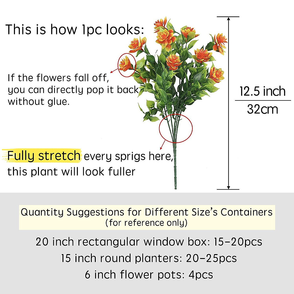 Rinlong 6Pcs Artificial UV Resistant Flowers Outdoor Fake Mums Plants Orange Plastic Flowers Plants Faux Flowers Fall Decor for Clearance Outdoor